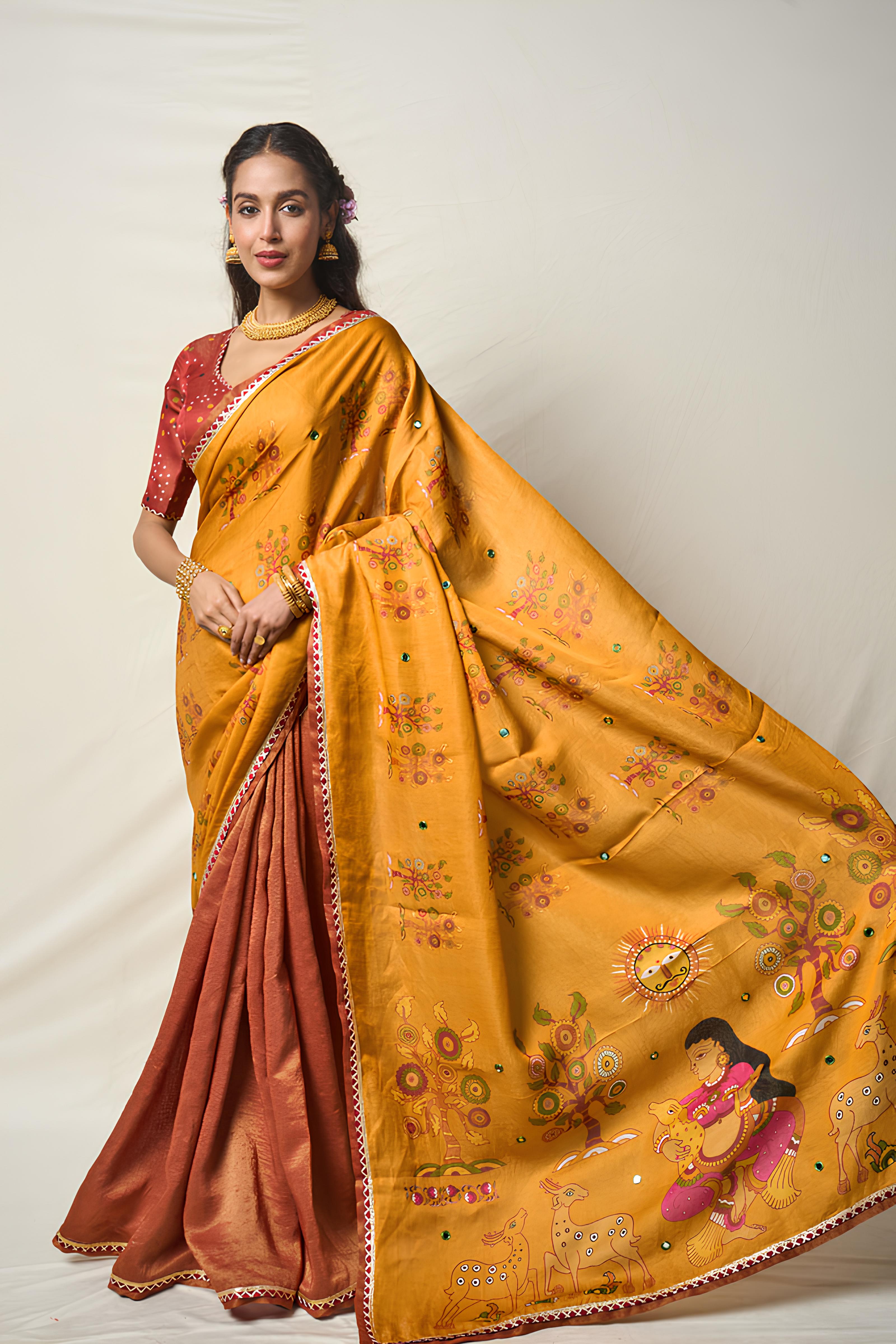 Udd Studio - Olive Printed Linen Dhavali Saree – udd Studio