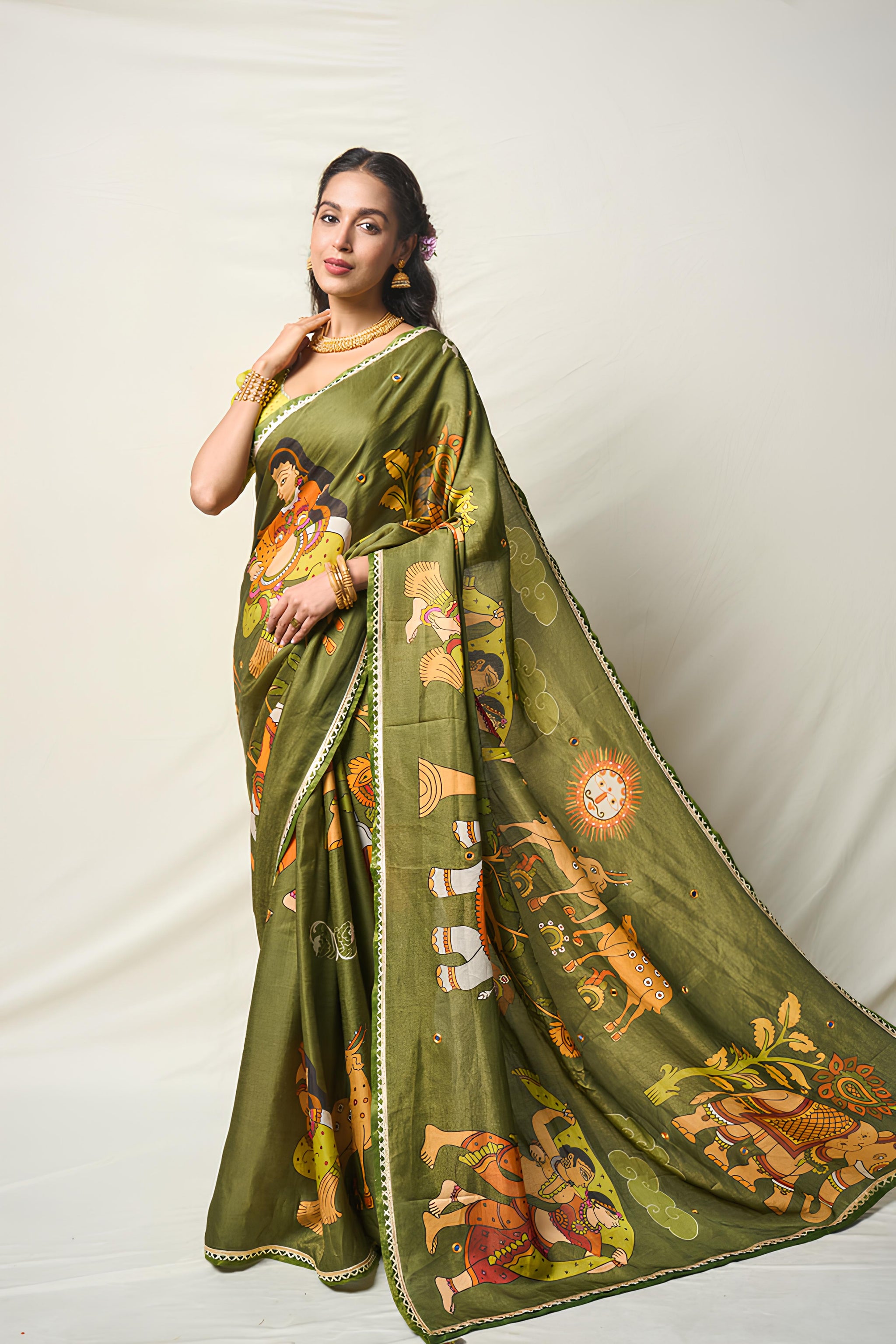 Udd Studio - Olive Printed Linen Dhavali Saree