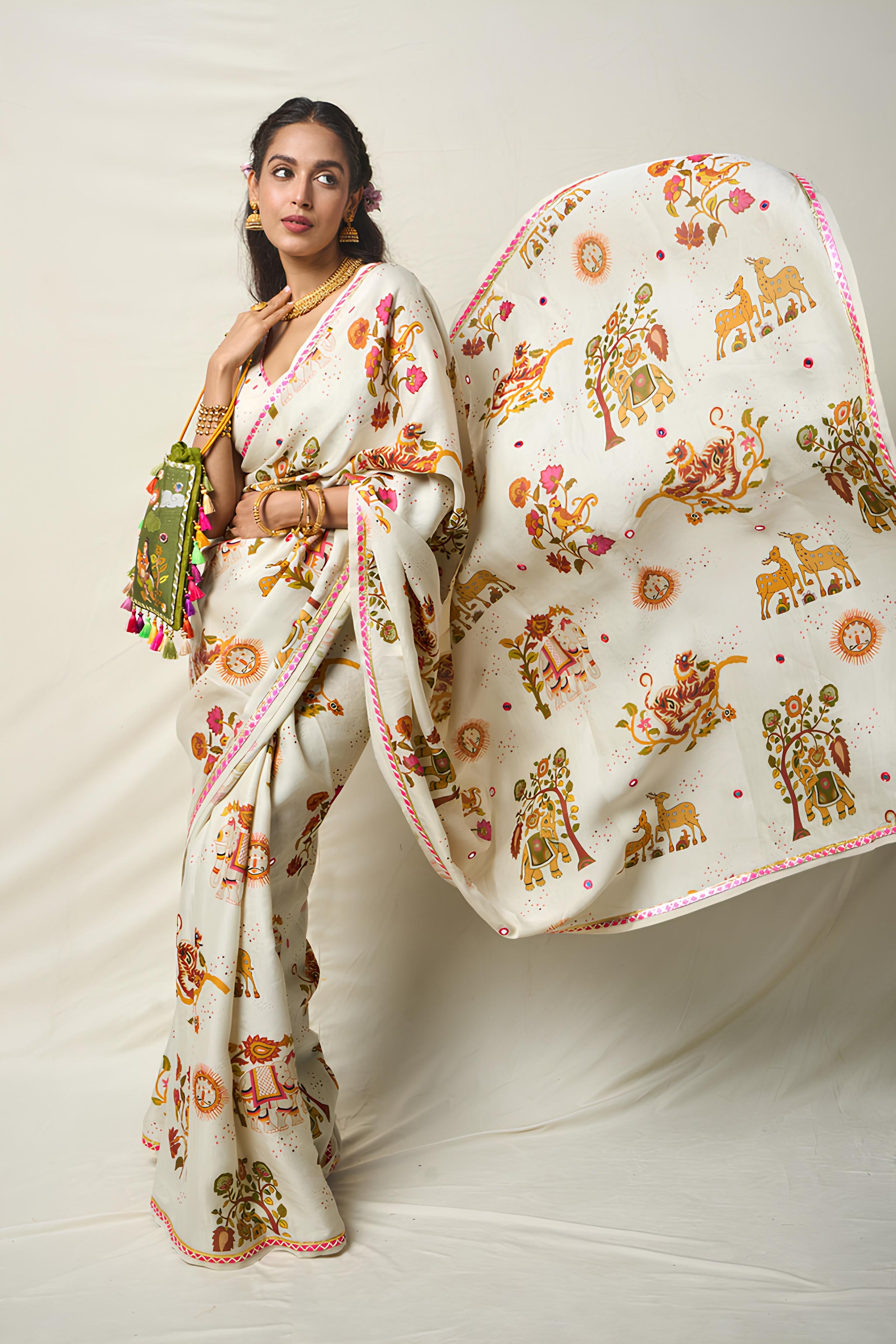 Udd Studio - Olive Printed Linen Dhavali Saree