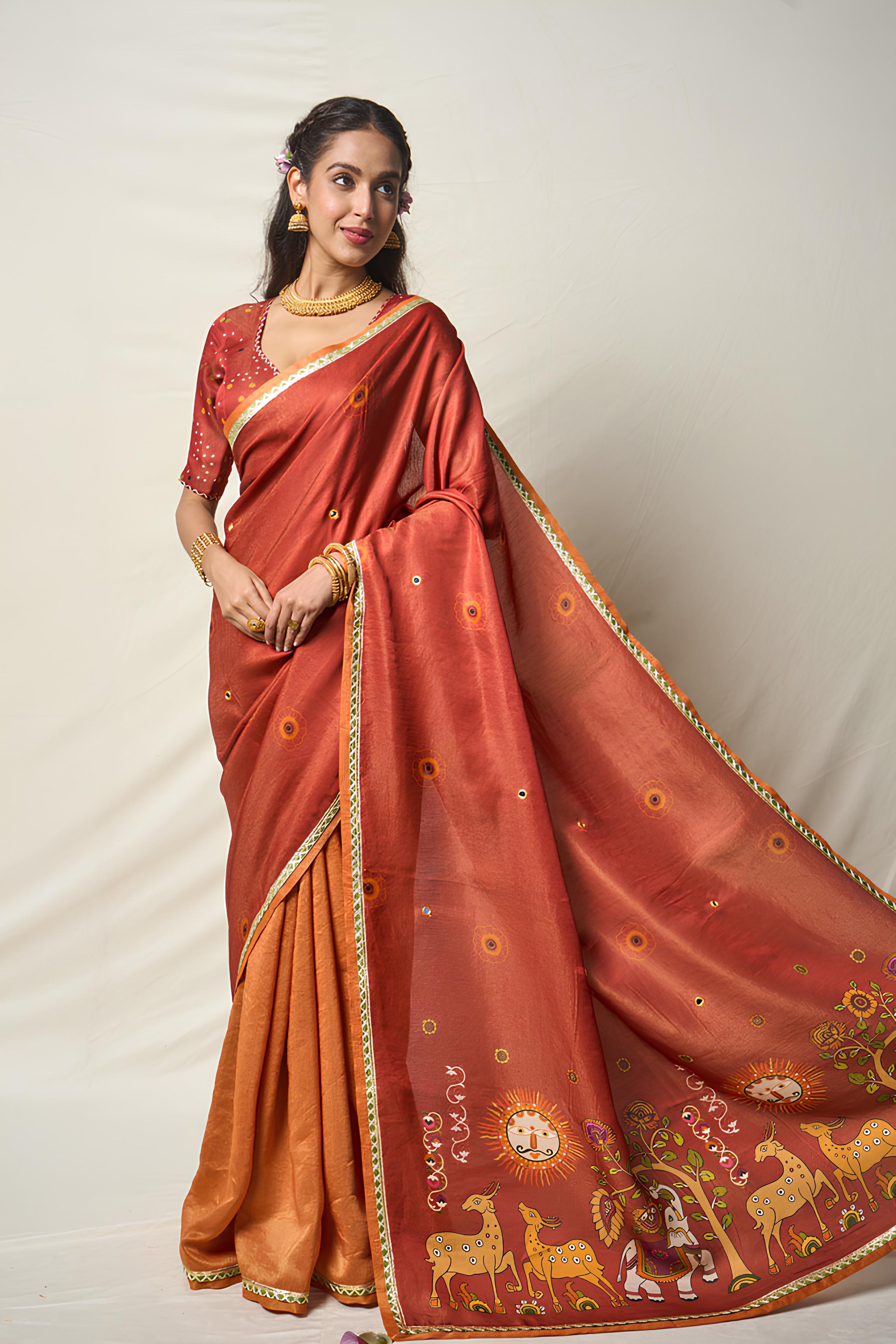 Udd Studio - Olive Printed Linen Dhavali Saree