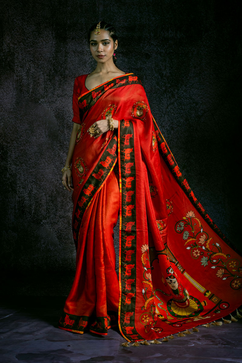 Udd Studio - Olive Printed Linen Dhavali Saree
