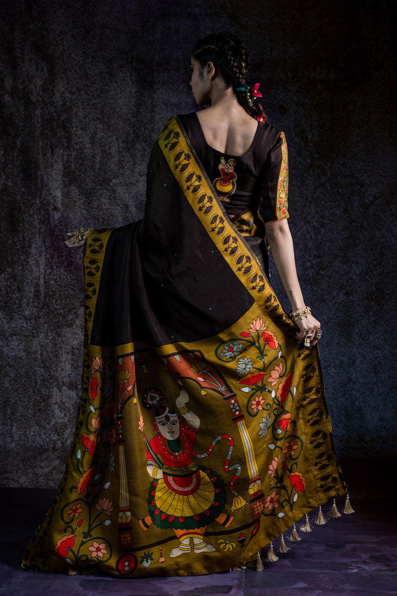 Udd Studio - Olive Printed Linen Dhavali Saree