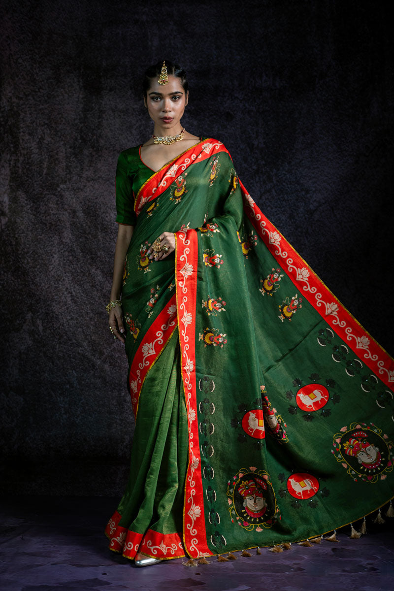 Udd Studio - Olive Printed Linen Dhavali Saree
