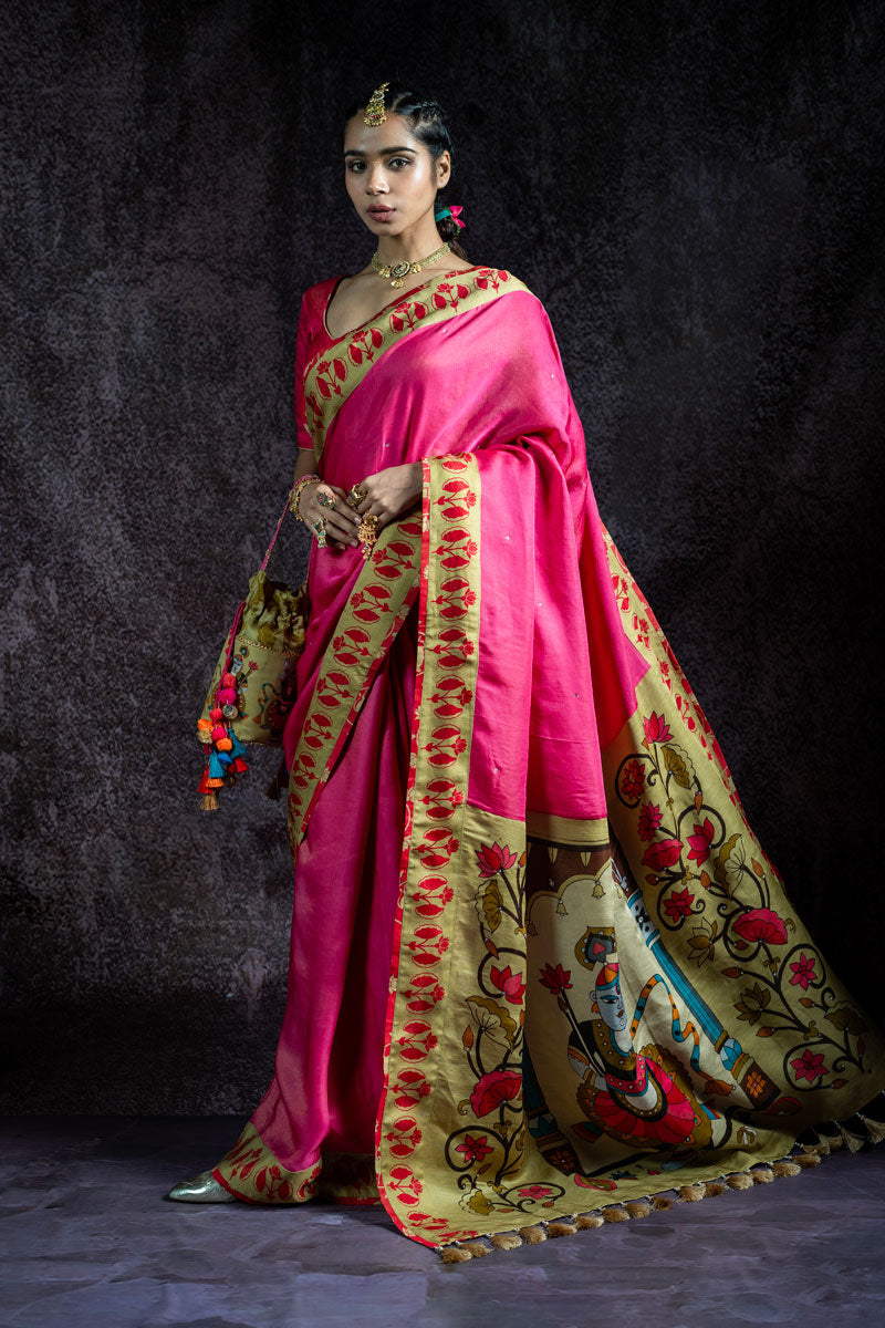 Udd Studio - Olive Printed Linen Dhavali Saree