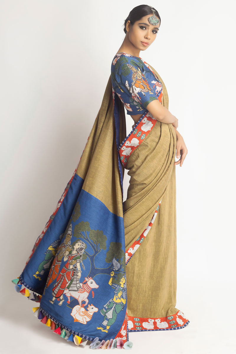 Udd Studio - Olive Printed Linen Dhavali Saree – udd Studio