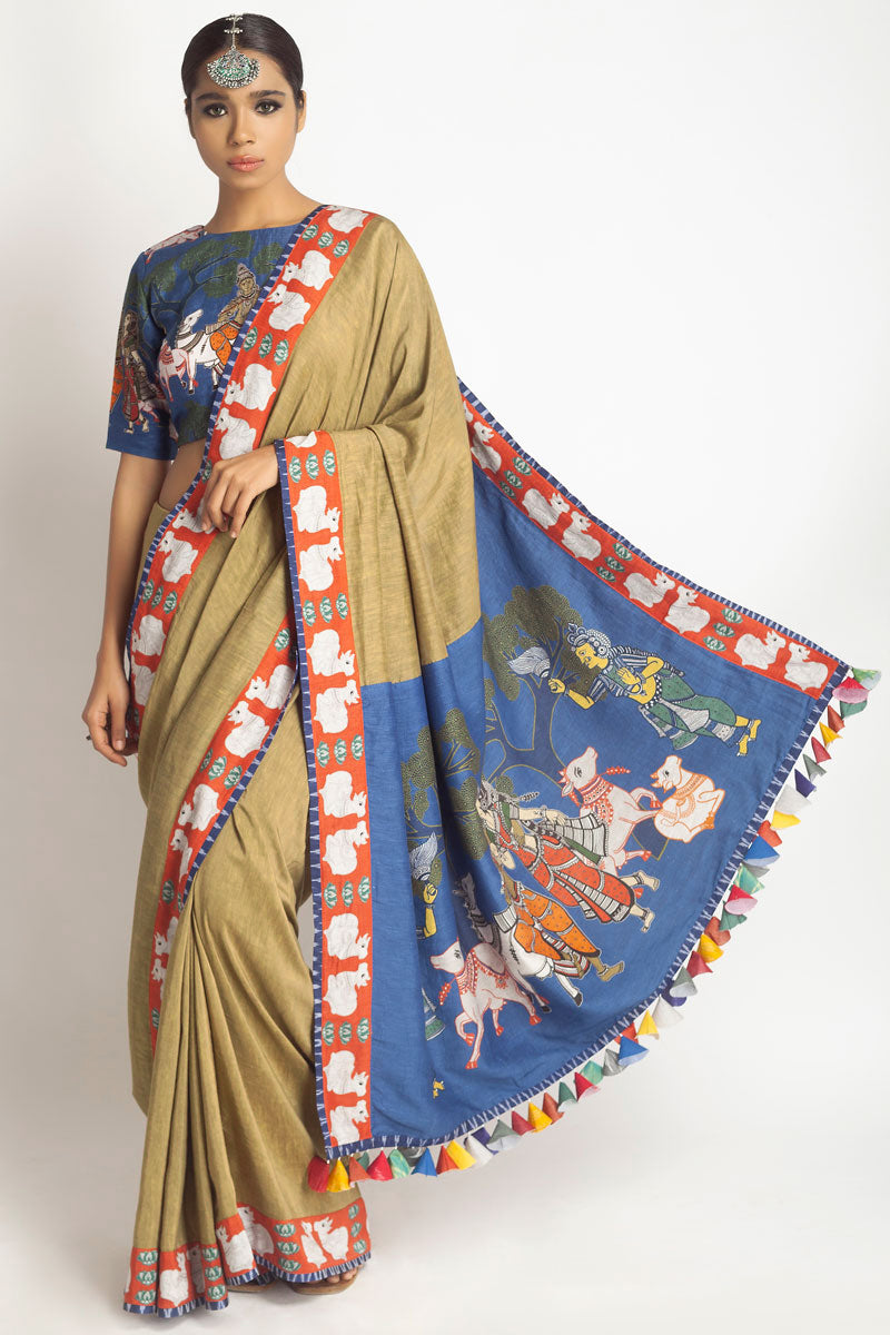 Udd Studio - Olive Printed Linen Dhavali Saree – udd Studio