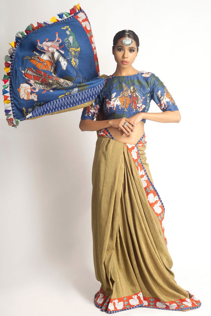 Udd Studio - Olive Printed Linen Dhavali Saree – udd Studio