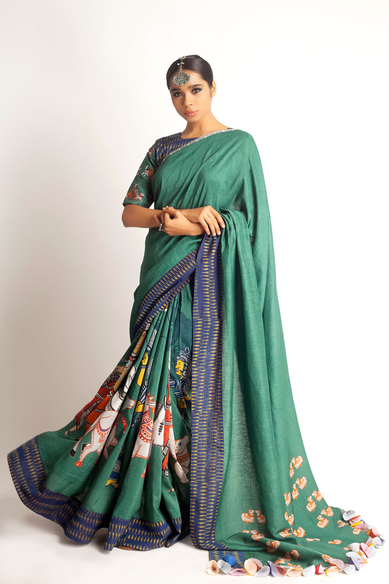 Udd Studio - Green Printed Linen Niyathi Saree – udd Studio